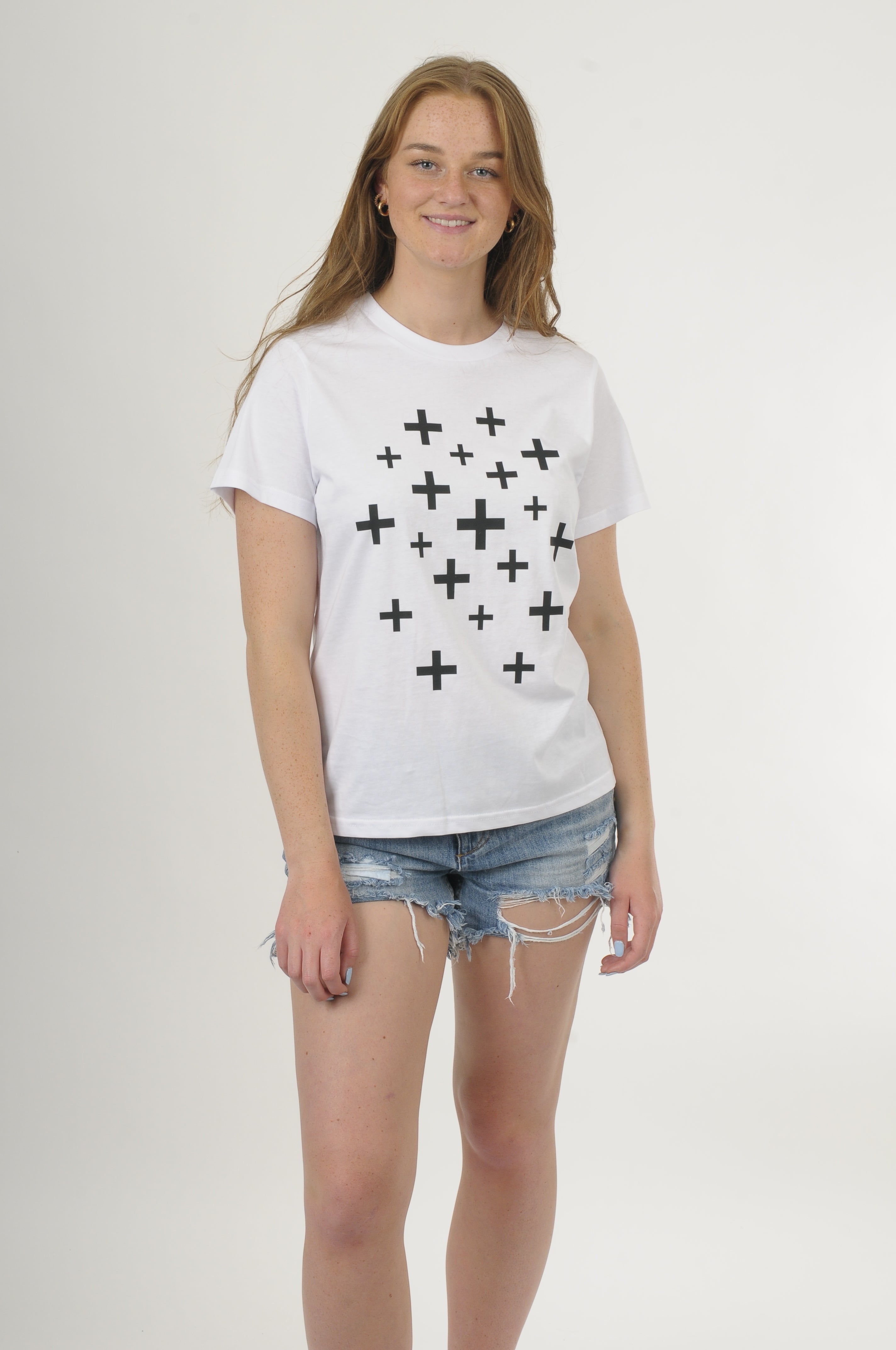 Tee Shirt - White with Black Scattered crosses Print - Wadzee Print ...