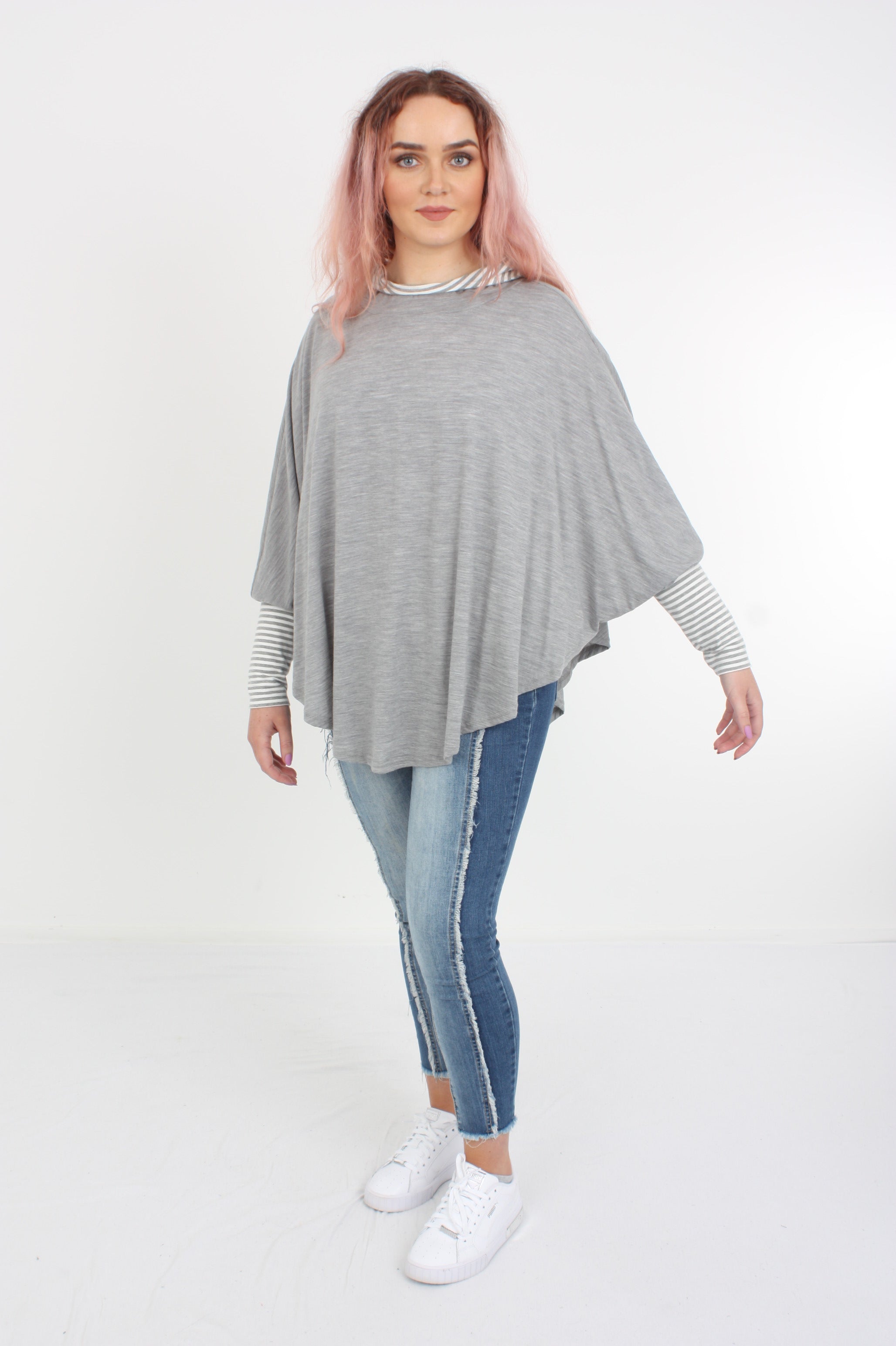 Hooded Poncho - Grey Merino - Thin Stripe Trims - Pre Order – Wadzee Design