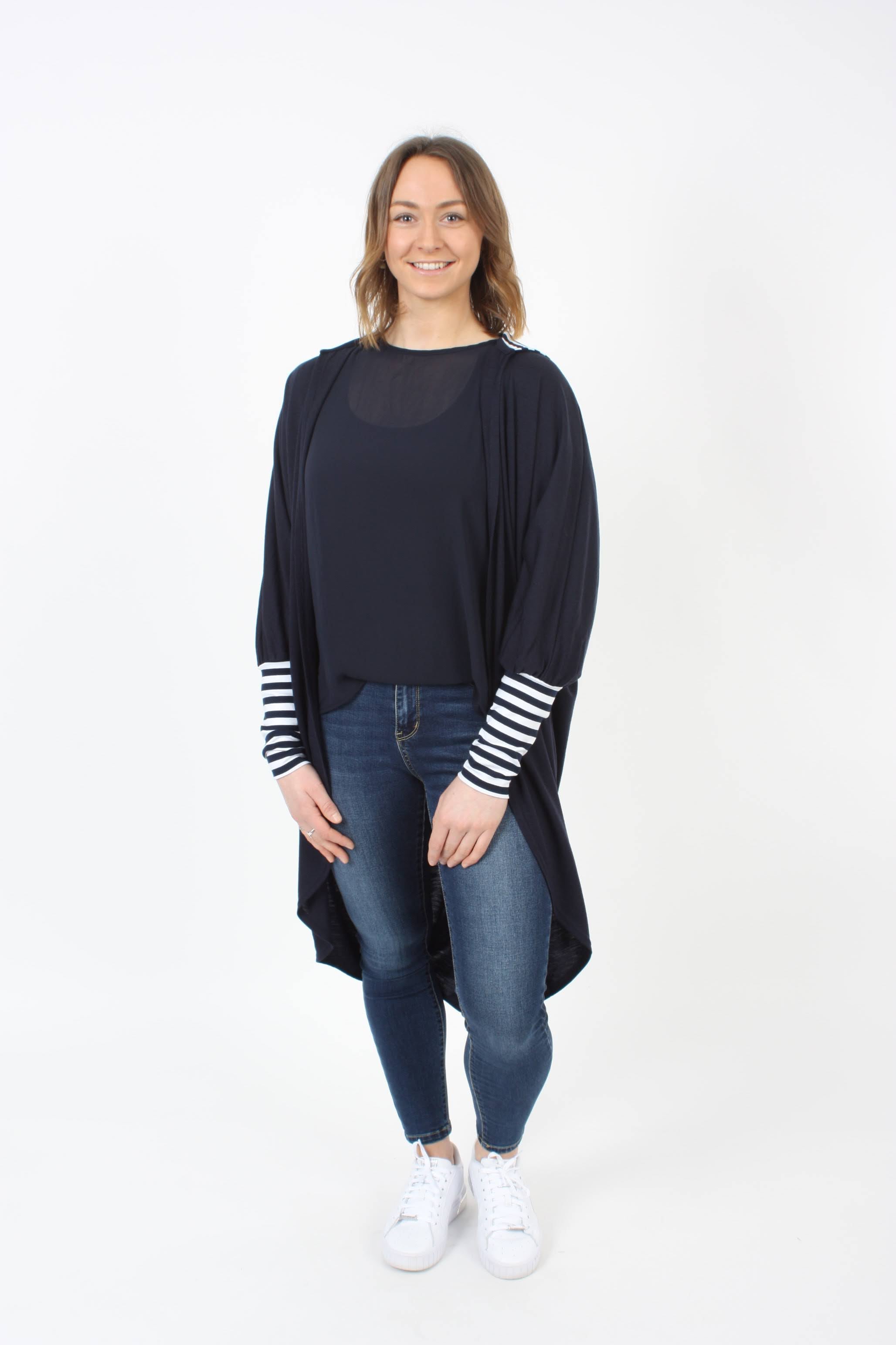 Hooded Cardi Long - Merino - Navy - Navy and White Stripe - Pre Order ...